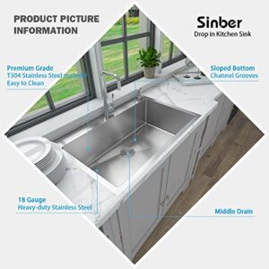 Sinber 33" x 22" x 9" Drop In Single Bowl Kitchen Sink with 18 Gauge 304 Stainless Steel Satin Finish HT3322S-S-9 (Sink Only)