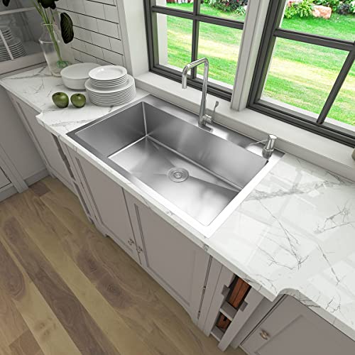 Sinber 33" x 22" x 9" Drop In Single Bowl Kitchen Sink with 18 Gauge 304 Stainless Steel Satin Finish HT3322S-S-9 (Sink Only)