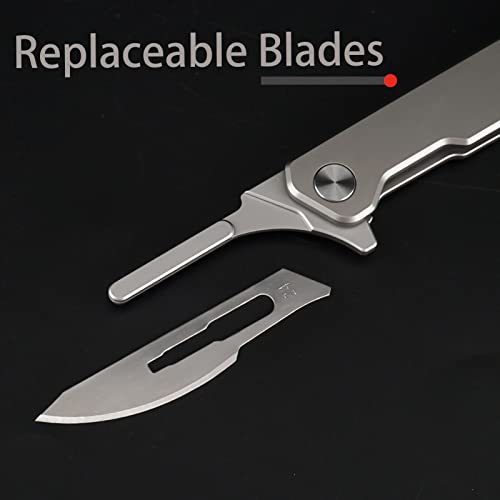 TENCHILON T29 Mini Titanium Folding Scalpel Pocket Flipper Knife, 10pcs #24 Blades, 2.9 inches Handle with Frame Lock, Tiny Small Micro EDC Keychain Knives for Men Women