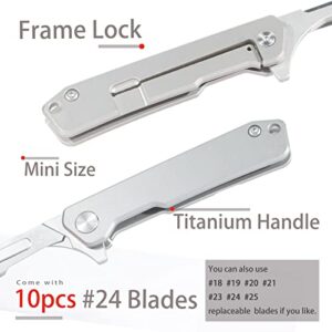 TENCHILON T29 Mini Titanium Folding Scalpel Pocket Flipper Knife, 10pcs #24 Blades, 2.9 inches Handle with Frame Lock, Tiny Small Micro EDC Keychain Knives for Men Women