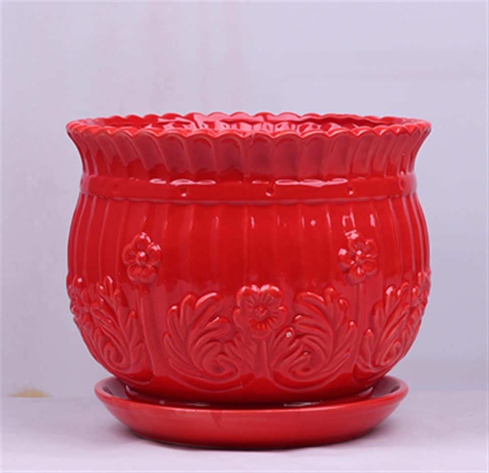 WANIYA1 Chinese Red Ceramic Flower Pots Large Plant Pots for Birthday Wedding Container Indoor Succulent Planter Flower Pot Landscape Decoration Vase Outdoor Garden Ceramic Bonsai Pots, 14cm*12cm