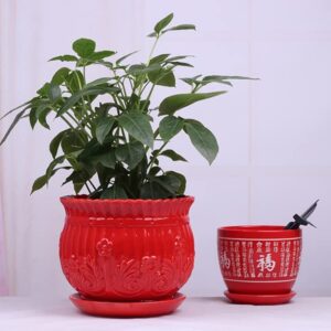 WANIYA1 Chinese Red Ceramic Flower Pots Large Plant Pots for Birthday Wedding Container Indoor Succulent Planter Flower Pot Landscape Decoration Vase Outdoor Garden Ceramic Bonsai Pots, 14cm*12cm