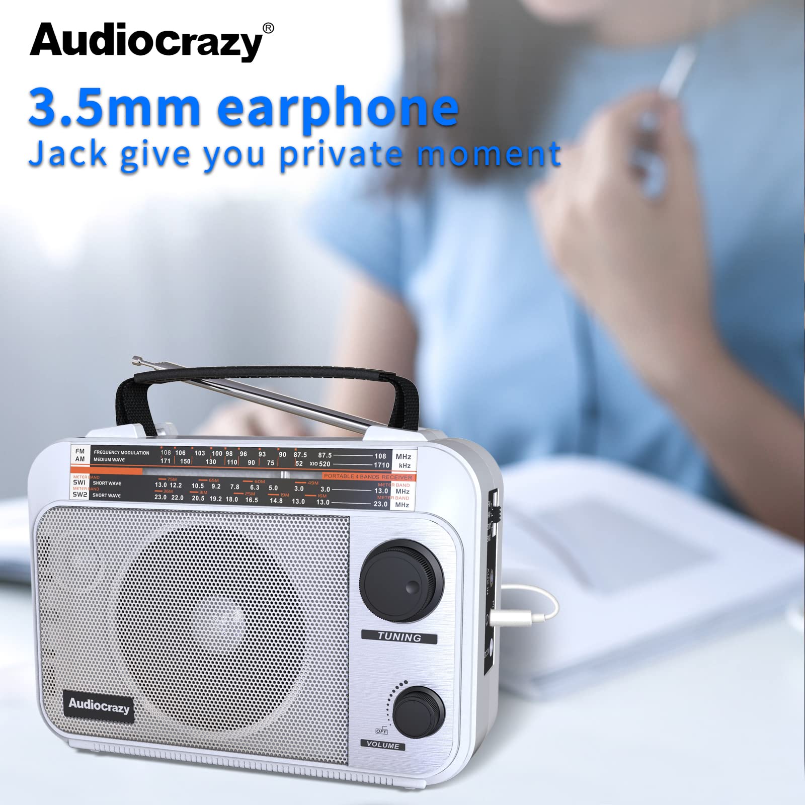 AM/FM/SW1/SW2 Radio Transistor Radio AC or Battery Operated with Best Reception Big Speaker and Precise Tuning Knob with AUX in & 3.5mm Earphone Jack