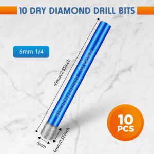 Dry Diamond Drill Bits Set 10 PCs 1/4" 6mm Small Diamond Hole Saw Kit for Granite Marble Porcelain Tile Ceramic Stone Glass Hard Materials (not for Wood) Round Shank