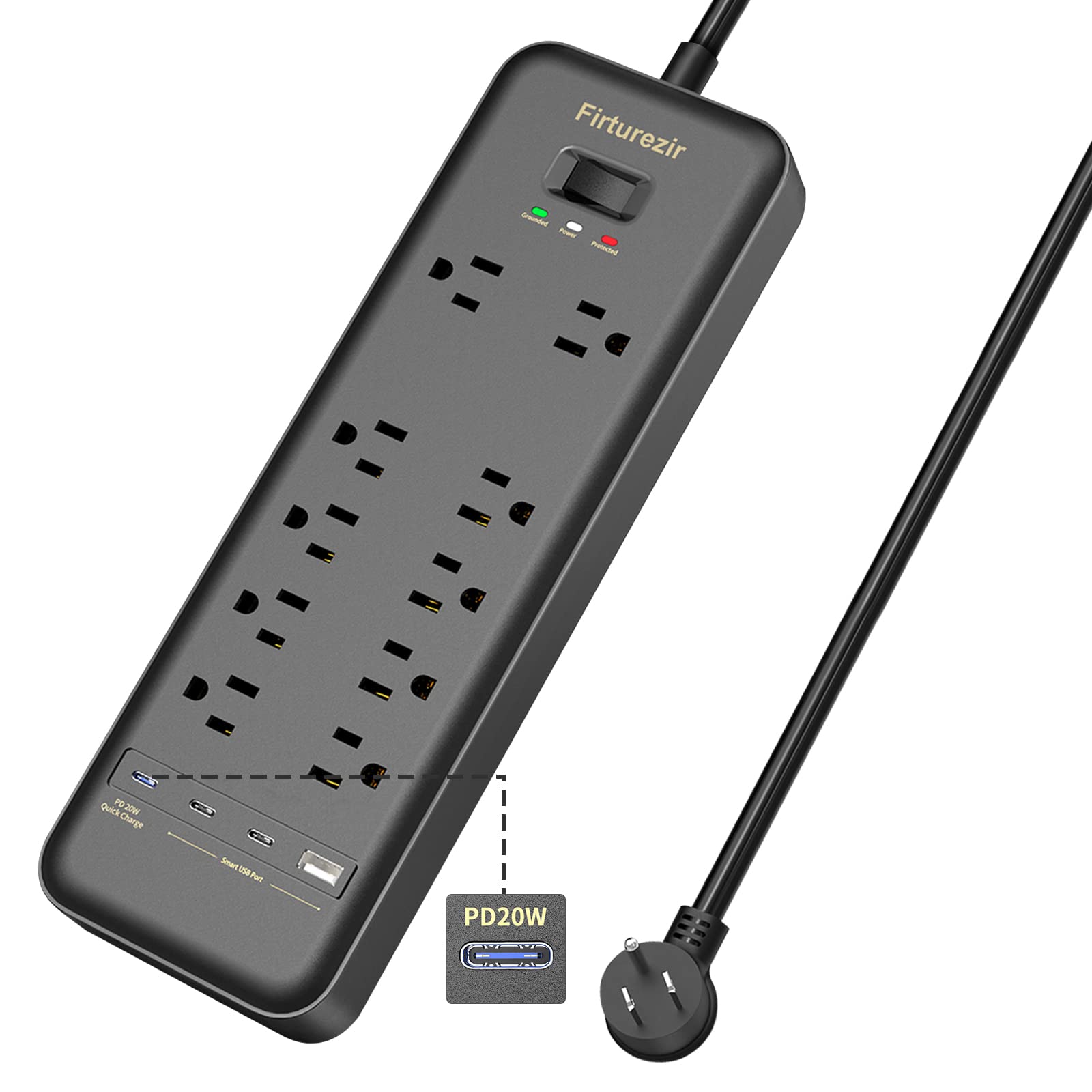 Surge Protector Power Strip with USB, Silicone Extension Cord with 10 Outlets 3 USB Charging Ports and 1 USB-C Charging Port, 1875W/15A Overload Surge Protection, Gift for Mother's Day