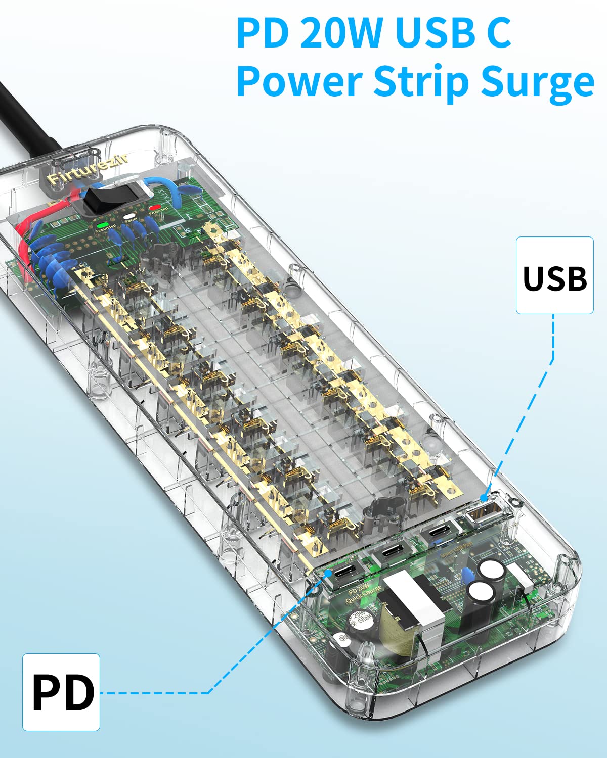 Surge Protector Power Strip with USB, Silicone Extension Cord with 10 Outlets 3 USB Charging Ports and 1 USB-C Charging Port, 1875W/15A Overload Surge Protection, Gift for Mother's Day