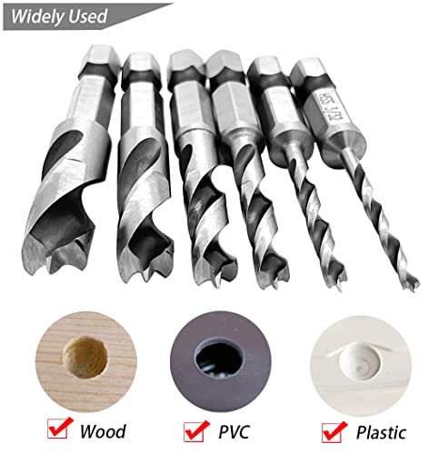 Saipe 6pcs 1/4" Quick Change Hex Shank Wood Brad Point Stubby Short Drill Bit Set HSS 4241 Woodworking Drill for Right Angle Drill and Used in Tight Spaces