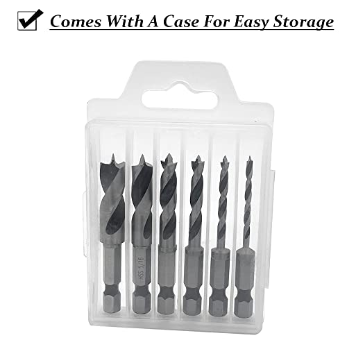 Saipe 6pcs 1/4" Quick Change Hex Shank Wood Brad Point Stubby Short Drill Bit Set HSS 4241 Woodworking Drill for Right Angle Drill and Used in Tight Spaces