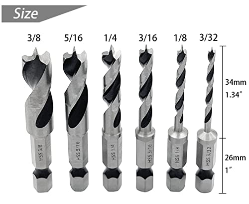 Saipe 6pcs 1/4" Quick Change Hex Shank Wood Brad Point Stubby Short Drill Bit Set HSS 4241 Woodworking Drill for Right Angle Drill and Used in Tight Spaces