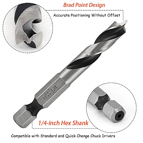 Saipe 6pcs 1/4" Quick Change Hex Shank Wood Brad Point Stubby Short Drill Bit Set HSS 4241 Woodworking Drill for Right Angle Drill and Used in Tight Spaces