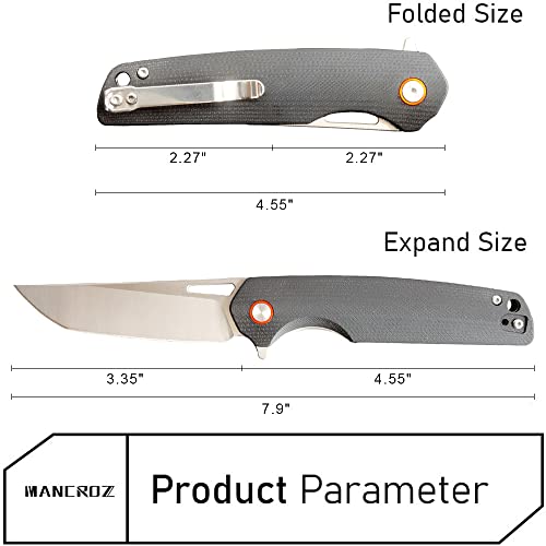 MANCROZ MC145 Folding Pocket Knife,D2 Blade G10 Handle with Clip EDC Knife,Ball Bearings Pivot, Camping Hunting Fishing Flipper Opening Knife