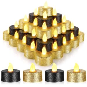 mudder 48 packs valentine's day glitter led tealights flameless candles battery operated votive tea lights with warm yellow light for wedding centerpieces table anniversary party(gold, black)