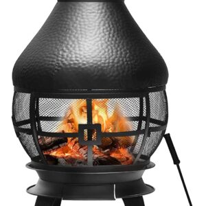 S AFSTAR Outdoor Cast Iron Chimenea, Fireplace Wooden Chiminea Fire Pit w/Fire Poker, 360°Fire Retardant Mesh Cover, Patio Wood Burning Chiminea