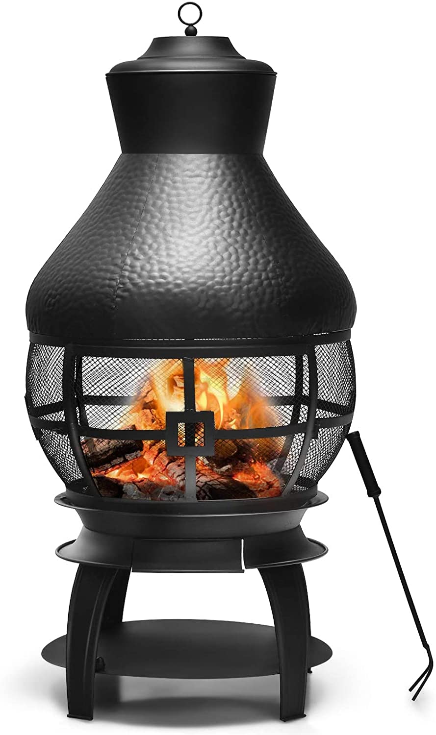 S AFSTAR Outdoor Cast Iron Chimenea, Fireplace Wooden Chiminea Fire Pit w/Fire Poker, 360°Fire Retardant Mesh Cover, Patio Wood Burning Chiminea