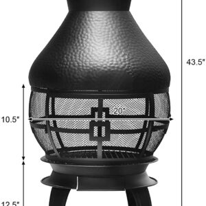 S AFSTAR Outdoor Cast Iron Chimenea, Fireplace Wooden Chiminea Fire Pit w/Fire Poker, 360°Fire Retardant Mesh Cover, Patio Wood Burning Chiminea