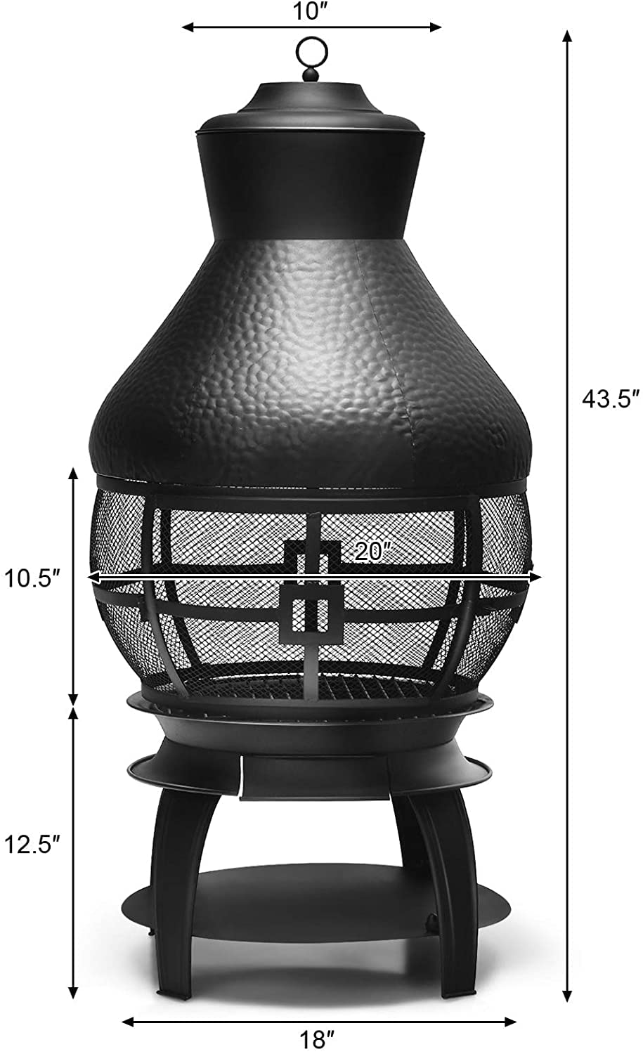 S AFSTAR Outdoor Cast Iron Chimenea, Fireplace Wooden Chiminea Fire Pit w/Fire Poker, 360°Fire Retardant Mesh Cover, Patio Wood Burning Chiminea