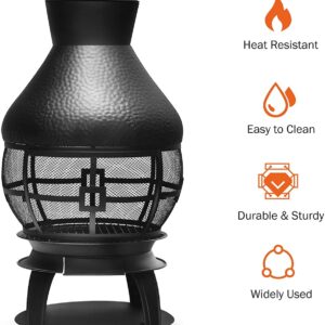 S AFSTAR Outdoor Cast Iron Chimenea, Fireplace Wooden Chiminea Fire Pit w/Fire Poker, 360°Fire Retardant Mesh Cover, Patio Wood Burning Chiminea