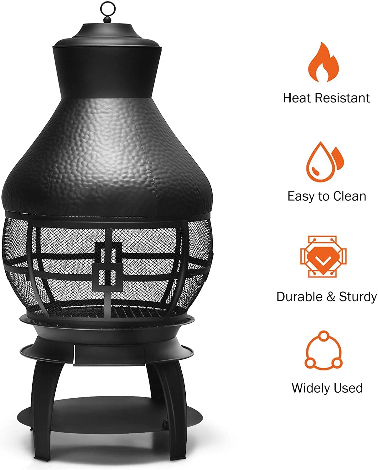 S AFSTAR Outdoor Cast Iron Chimenea, Fireplace Wooden Chiminea Fire Pit w/Fire Poker, 360°Fire Retardant Mesh Cover, Patio Wood Burning Chiminea