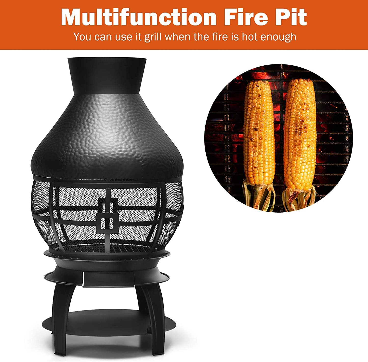 S AFSTAR Outdoor Cast Iron Chimenea, Fireplace Wooden Chiminea Fire Pit w/Fire Poker, 360°Fire Retardant Mesh Cover, Patio Wood Burning Chiminea