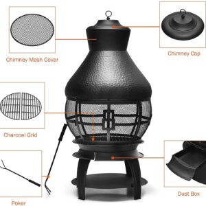 S AFSTAR Outdoor Cast Iron Chimenea, Fireplace Wooden Chiminea Fire Pit w/Fire Poker, 360°Fire Retardant Mesh Cover, Patio Wood Burning Chiminea