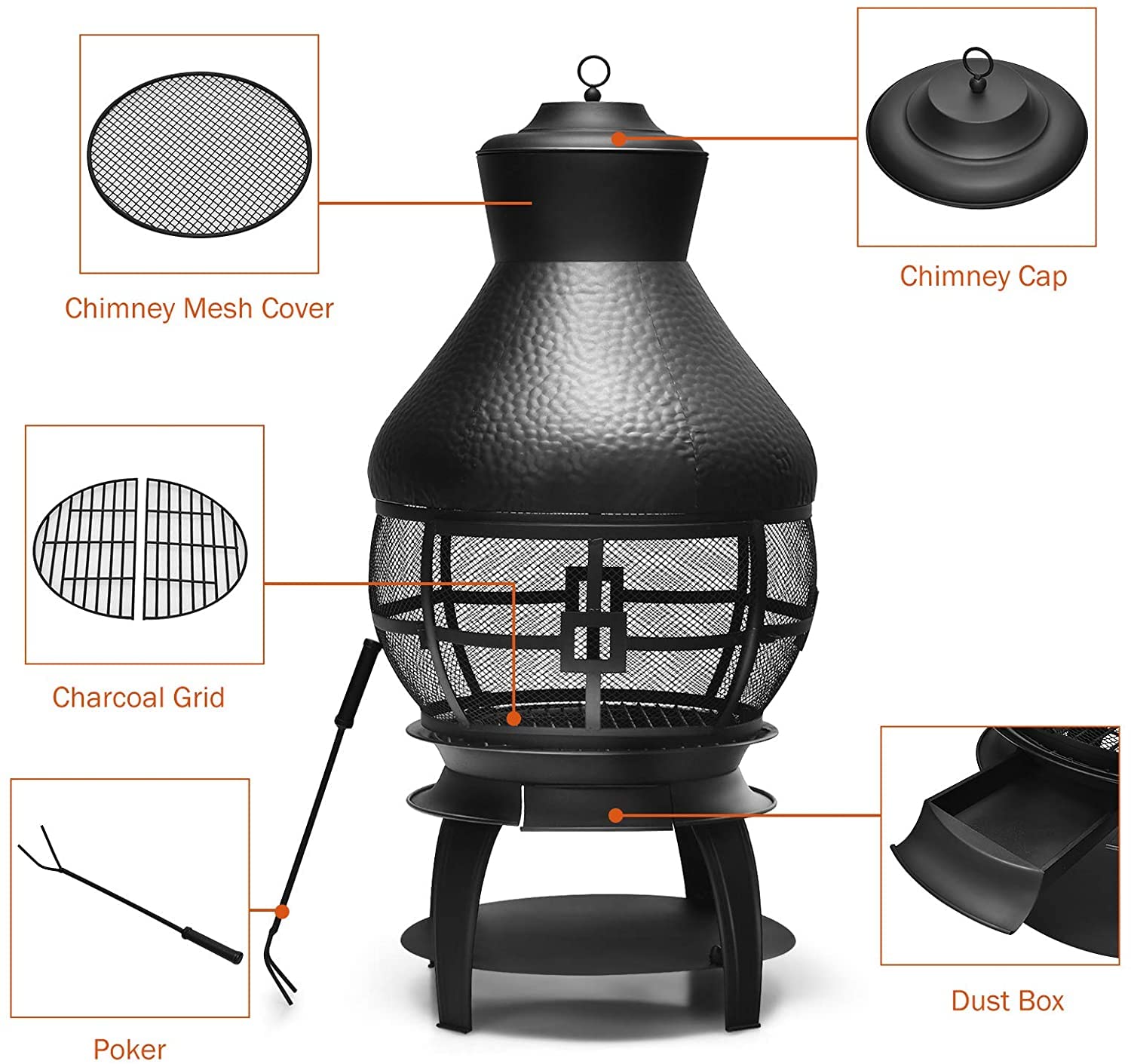 S AFSTAR Outdoor Cast Iron Chimenea, Fireplace Wooden Chiminea Fire Pit w/Fire Poker, 360°Fire Retardant Mesh Cover, Patio Wood Burning Chiminea