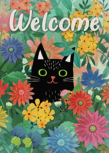 Dyrenson Welcome Spring Black Cat Decorative Garden Flag, Kitty House Yard Lawn Daisy Pansy Red Blue Flower Floral Outside Decoration, Summer Seasonal Farmhouse Outdoor Small Burlap Porch Decor 12x18