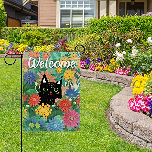 Dyrenson Welcome Spring Black Cat Decorative Garden Flag, Kitty House Yard Lawn Daisy Pansy Red Blue Flower Floral Outside Decoration, Summer Seasonal Farmhouse Outdoor Small Burlap Porch Decor 12x18