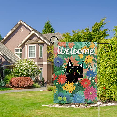 Dyrenson Welcome Spring Black Cat Decorative Garden Flag, Kitty House Yard Lawn Daisy Pansy Red Blue Flower Floral Outside Decoration, Summer Seasonal Farmhouse Outdoor Small Burlap Porch Decor 12x18