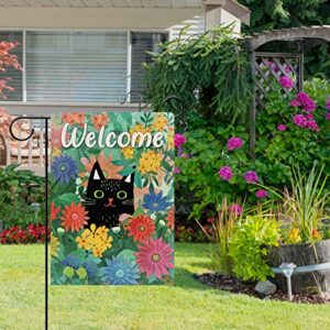 Dyrenson Welcome Spring Black Cat Decorative Garden Flag, Kitty House Yard Lawn Daisy Pansy Red Blue Flower Floral Outside Decoration, Summer Seasonal Farmhouse Outdoor Small Burlap Porch Decor 12x18