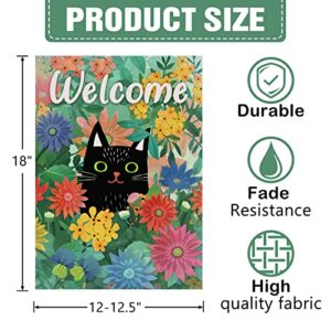 Dyrenson Welcome Spring Black Cat Decorative Garden Flag, Kitty House Yard Lawn Daisy Pansy Red Blue Flower Floral Outside Decoration, Summer Seasonal Farmhouse Outdoor Small Burlap Porch Decor 12x18