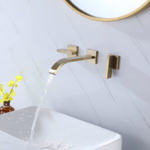 RBROHANT Brushed Brass Wall Mount Bathroom Faucet Brushed Gold Bathroom Sink Faucet, 2 Handles, Wall Mounted, Rough-in Valve Included, RB0997