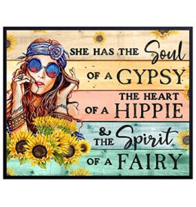 hippie inspirational positive quotes wall decor - boho encouragement gifts for women - motivational wall art poster - bohemian rustic country sunflower decoration - girls teens bedroom home office