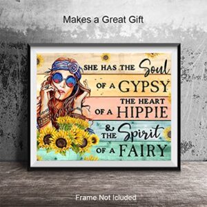 Hippie Inspirational Positive Quotes Wall Decor - Boho Encouragement Gifts for Women - Motivational Wall Art Poster - Bohemian Rustic Country Sunflower Decoration - Girls Teens Bedroom Home Office