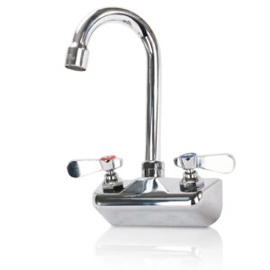 4 inch center commercial sink faucet wall mount kitchen hand sink faucet, 1/2" npt male inlet, brass constructed & chrome polished, with 3-1/2" gooseneck spout & dual lever handles