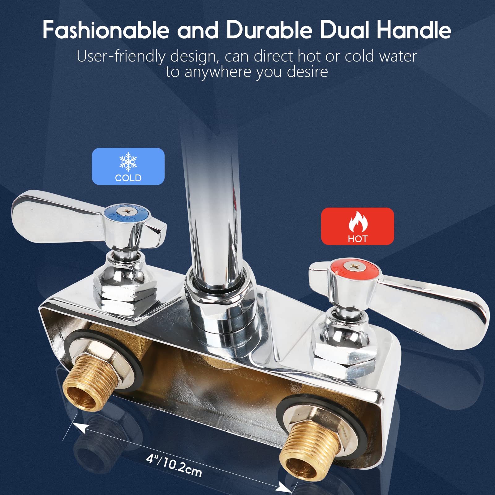 4 Inch Center Commercial Sink Faucet Wall Mount Kitchen Hand Sink Faucet, 1/2" NPT Male Inlet, Brass Constructed & Chrome Polished, with 3-1/2" Gooseneck Spout & Dual Lever Handles