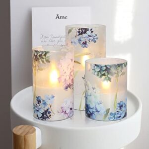 GORGE MOMENT Flameless Candles LED Flicker with Remote DIM Blue Violet Hydrangea Love Theme Spring Summer Decorative Glass Decor Wedding Date Proposal Dinner Table Home Thanksgiving Gift for Lover