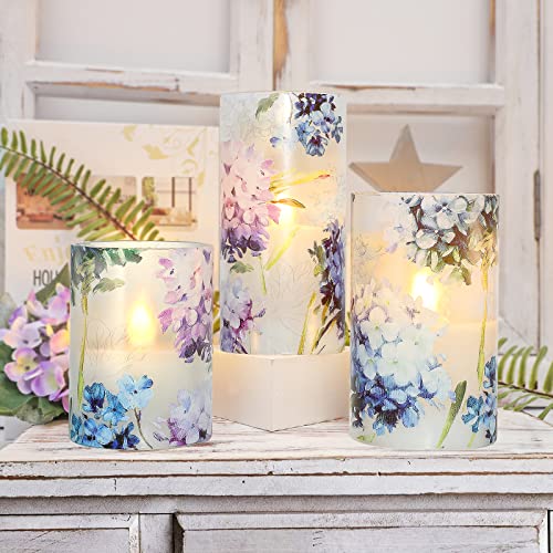 GORGE MOMENT Flameless Candles LED Flicker with Remote DIM Blue Violet Hydrangea Love Theme Spring Summer Decorative Glass Decor Wedding Date Proposal Dinner Table Home Thanksgiving Gift for Lover