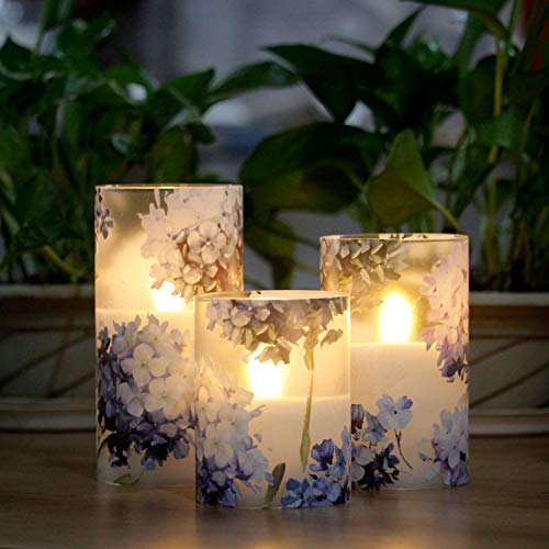 GORGE MOMENT Flameless Candles LED Flicker with Remote DIM Blue Violet Hydrangea Love Theme Spring Summer Decorative Glass Decor Wedding Date Proposal Dinner Table Home Thanksgiving Gift for Lover