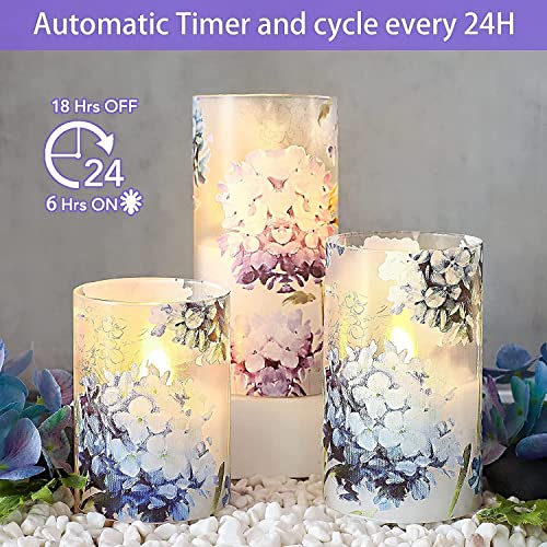 GORGE MOMENT Flameless Candles LED Flicker with Remote DIM Blue Violet Hydrangea Love Theme Spring Summer Decorative Glass Decor Wedding Date Proposal Dinner Table Home Thanksgiving Gift for Lover