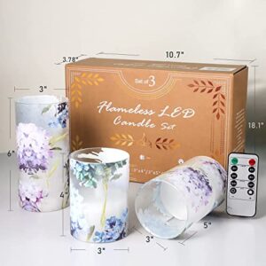 GORGE MOMENT Flameless Candles LED Flicker with Remote DIM Blue Violet Hydrangea Love Theme Spring Summer Decorative Glass Decor Wedding Date Proposal Dinner Table Home Thanksgiving Gift for Lover