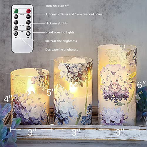 GORGE MOMENT Flameless Candles LED Flicker with Remote DIM Blue Violet Hydrangea Love Theme Spring Summer Decorative Glass Decor Wedding Date Proposal Dinner Table Home Thanksgiving Gift for Lover