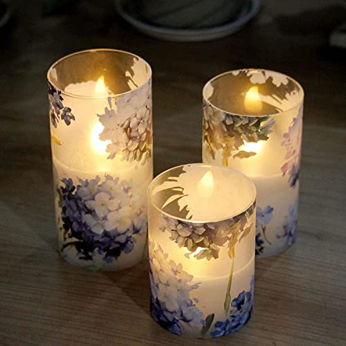 GORGE MOMENT Flameless Candles LED Flicker with Remote DIM Blue Violet Hydrangea Love Theme Spring Summer Decorative Glass Decor Wedding Date Proposal Dinner Table Home Thanksgiving Gift for Lover