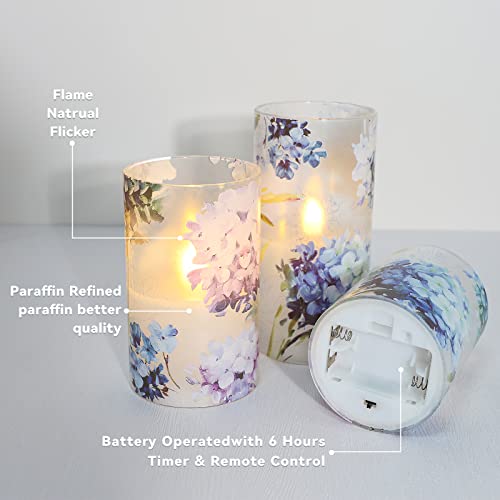 GORGE MOMENT Flameless Candles LED Flicker with Remote DIM Blue Violet Hydrangea Love Theme Spring Summer Decorative Glass Decor Wedding Date Proposal Dinner Table Home Thanksgiving Gift for Lover