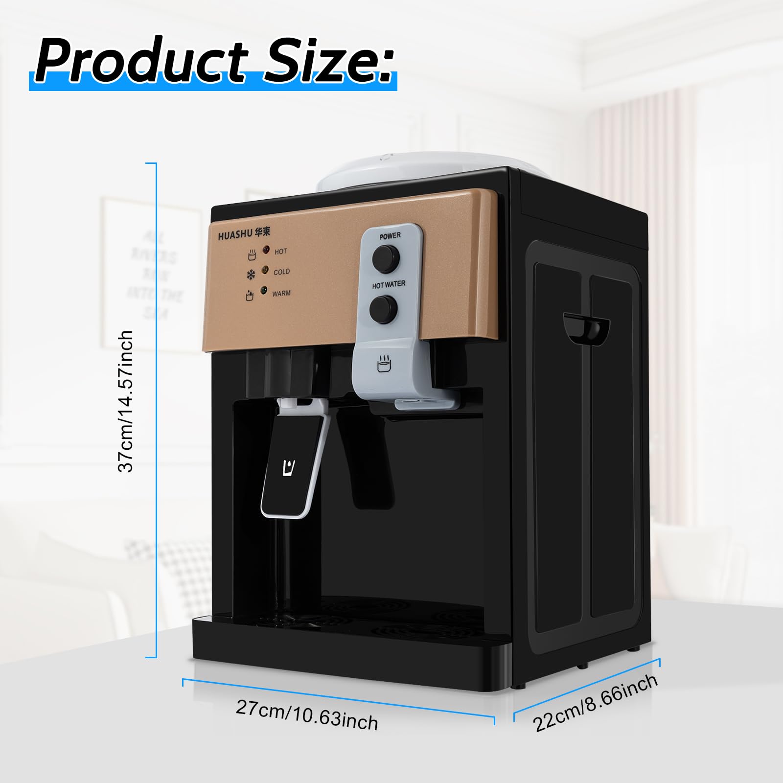 Top Loading Water Cooler Dispenser, Desktop Water Dispenser, Hot & Cold Water Coolers, Countertop Water Cooler Dispenser with Hot Cold and Room Temperature Water Champagne Gold and Black