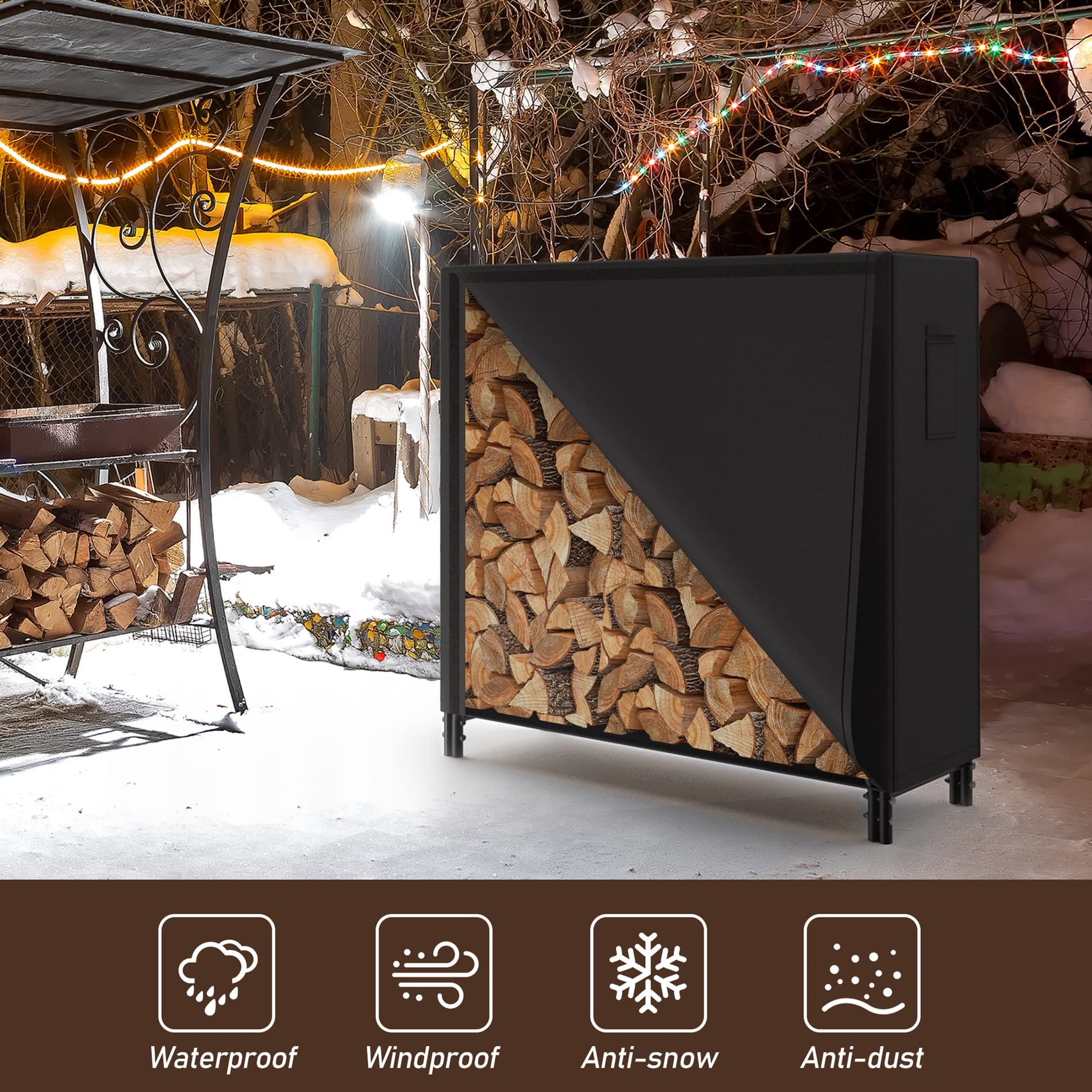 Ultrahaus 4ft Firewood Rack Outdoor with Oxford Fabric Cover Set, Weather Resistant Fireplace Wood Rack for Firewood with Cover Outdoor