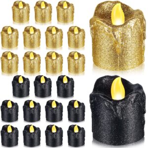 24 pack gold glitter led tealights with dripping wax design black flameless candles battery operated votive tea lights of warm yellow light decor for christmas wedding centerpieces table anniversary