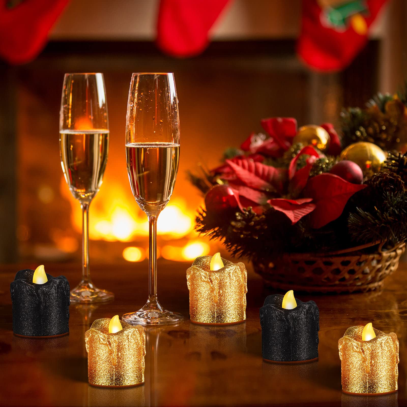 24 Pack Gold Glitter LED Tealights with Dripping Wax Design Black Flameless Candles Battery Operated Votive Tea lights of Warm Yellow Light Decor for Christmas Wedding Centerpieces Table Anniversary