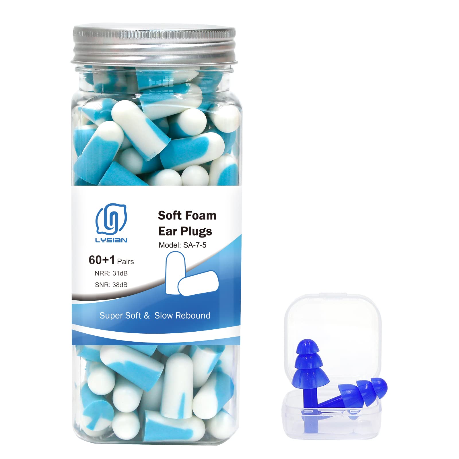 LYSIAN Noise Cancelling Earplugs for Sleep - 60 Pairs, 38dB Ear Plugs for Sleeping, Snoring, Shooting, Mowing Loud Sound Reduction- Double Color Light Blue/White