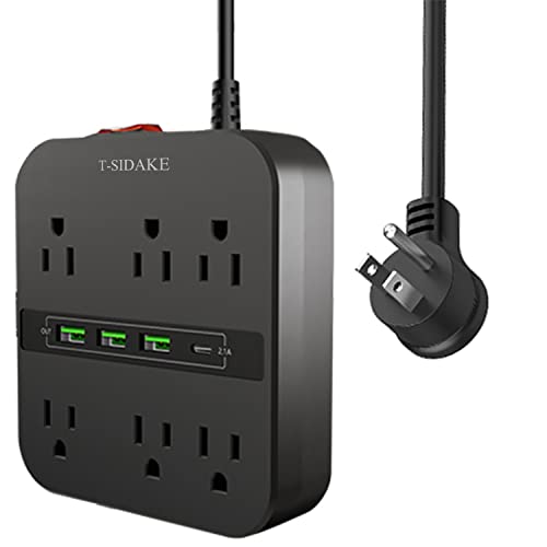 T-SIDAKE Power Strip, with 6 AC Widely Spaced Power Outlets and 4 USB Ports, 6 FT Extension Cord Flat Plug, with Overload Protection, Compact and Easy to Carry for Home/Travel/Office (Black)