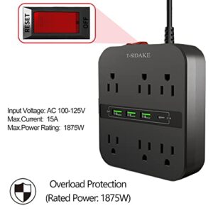 T-SIDAKE Power Strip, with 6 AC Widely Spaced Power Outlets and 4 USB Ports, 6 FT Extension Cord Flat Plug, with Overload Protection, Compact and Easy to Carry for Home/Travel/Office (Black)